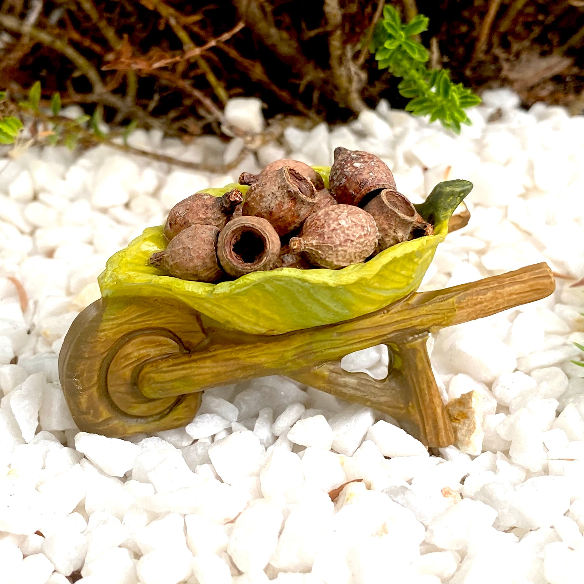 Leaf Wheelbarrow With Gum Nuts – Steph the Fairy Maker